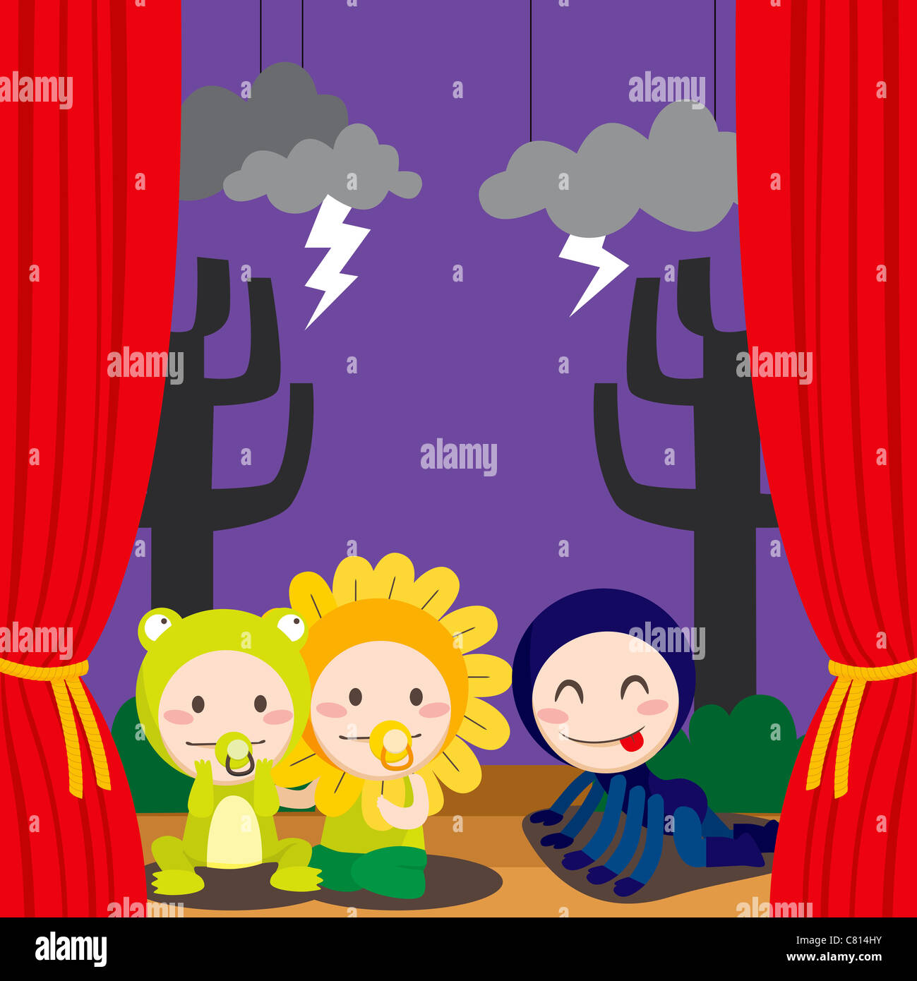 Three children in costumes performing a scary theater play on stage ...