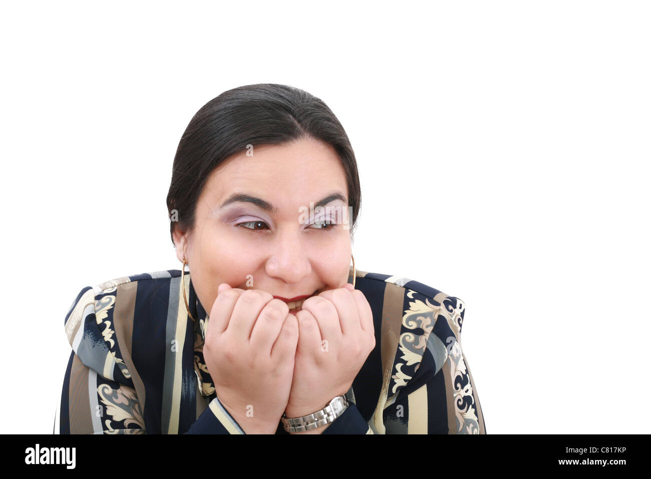 Head shot of worried woman over white background Stock Photo - Alamy
