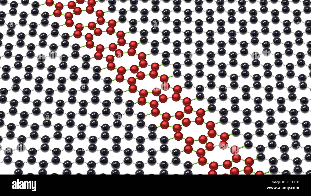 Model of extended defect in graphene as a metallic wire, 3d render on ...