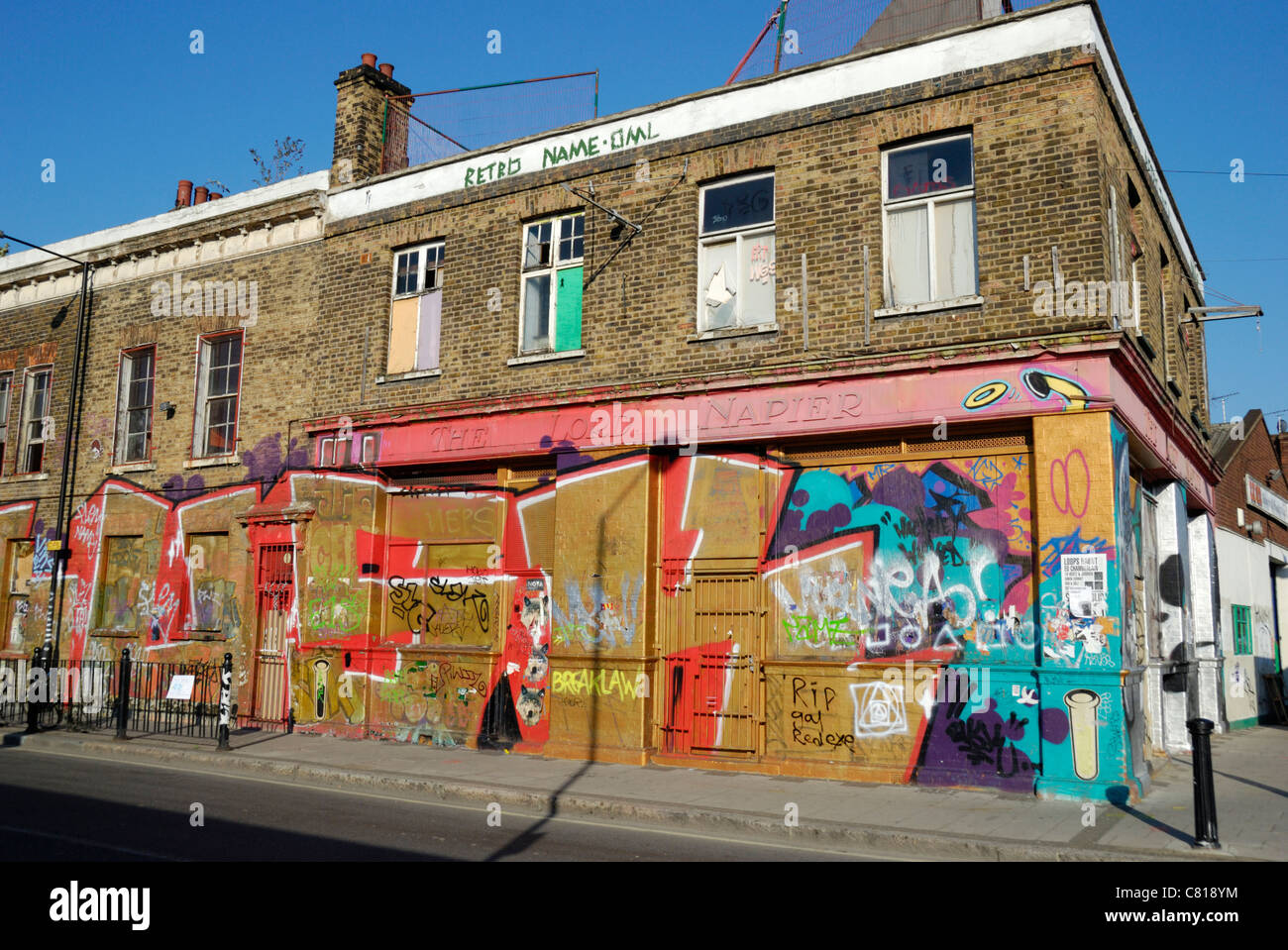 A derelict pub covered in graffiti, Hackney Wick, London, England Stock ...