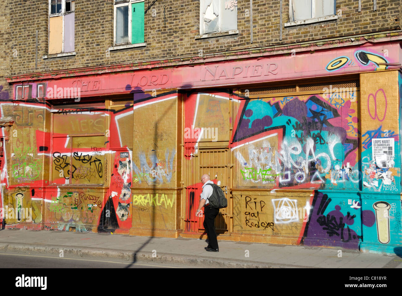 The Lord Napier derelict pub covered in graffiti, Hackney Wick, London ...
