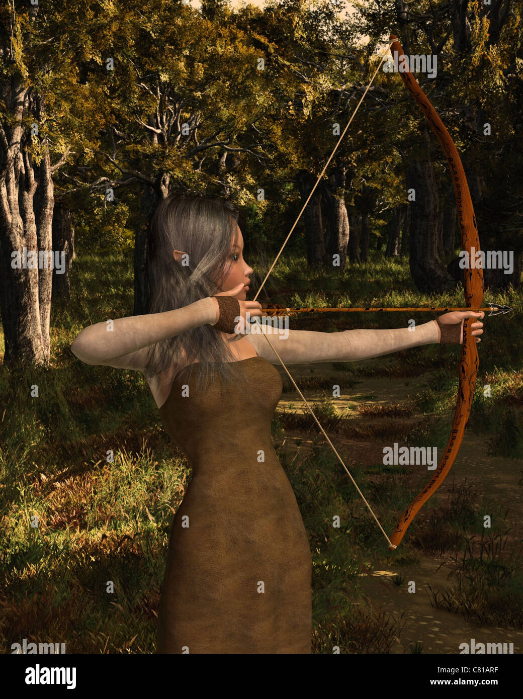 Wood Elf Archer Girl in the Forest Stock Photo - Alamy