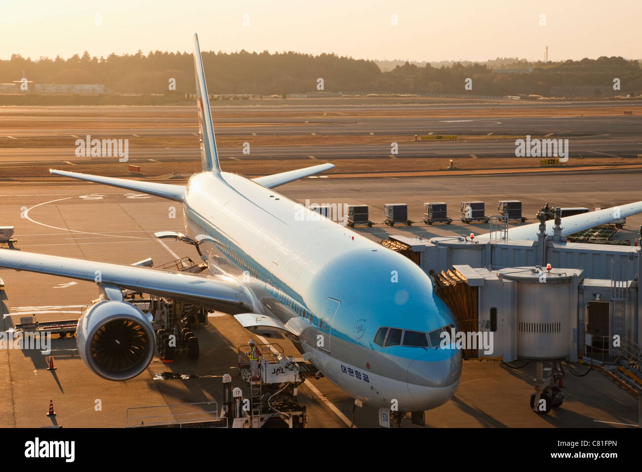 Japan, Tokyo, Narita International Airport, Plane on Runway Stock Photo ...