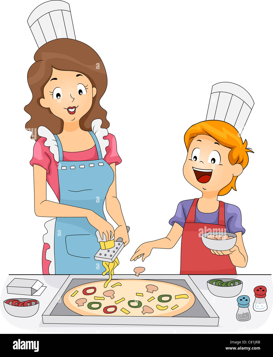 Illustration of a Woman and a Boy Making Homemade Pizza Stock Photo - Alamy