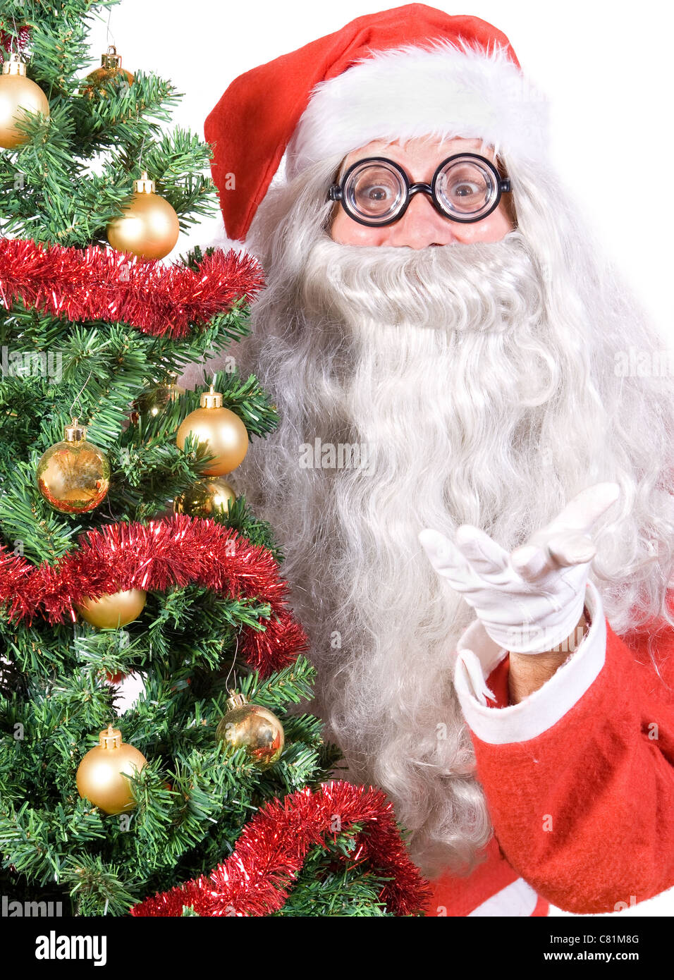 Santa Claus with Christmas tree Stock Photo - Alamy