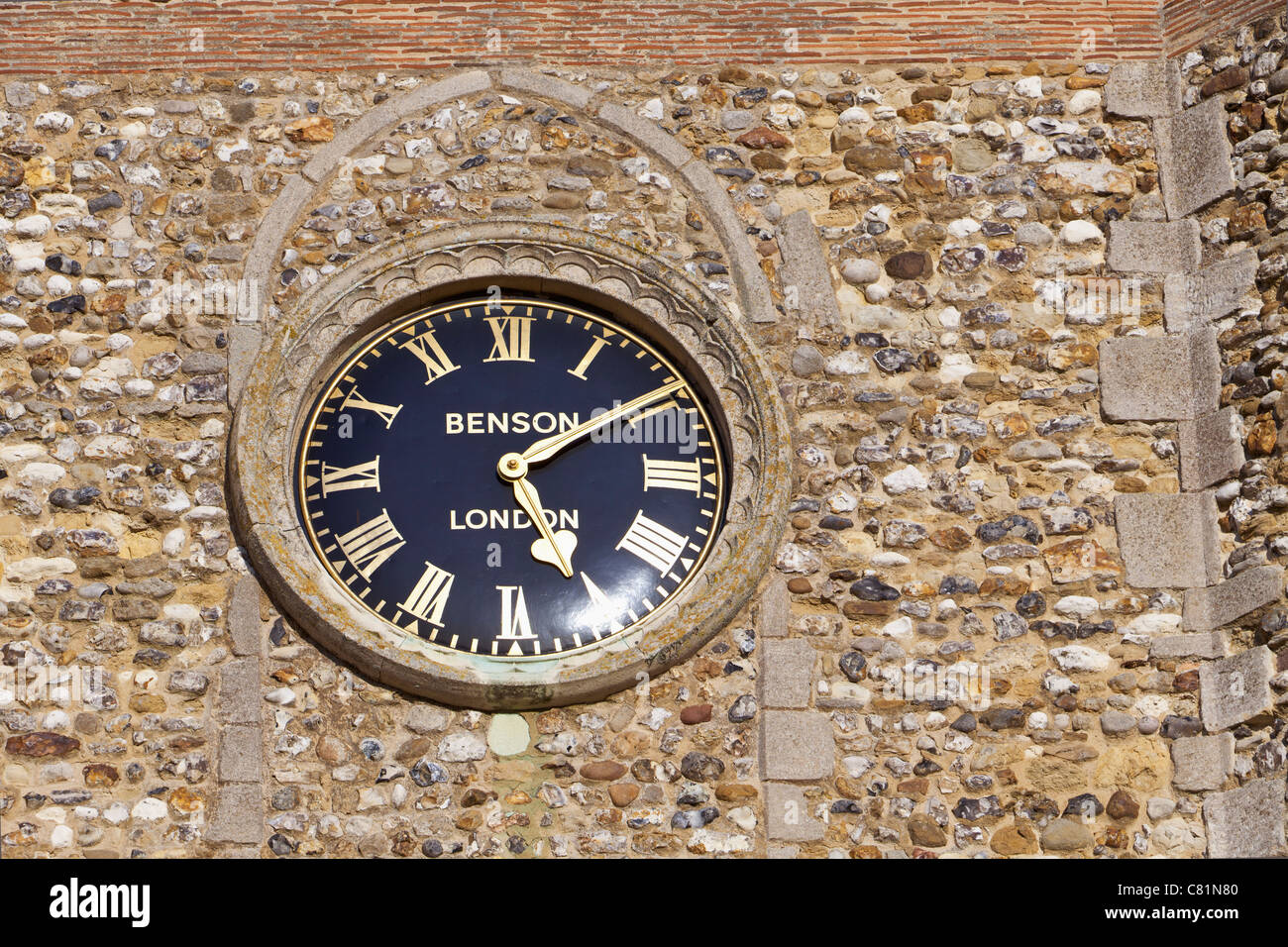 Benson clock detail on St John's church tower, Thaxted, Essex, UK Stock ...