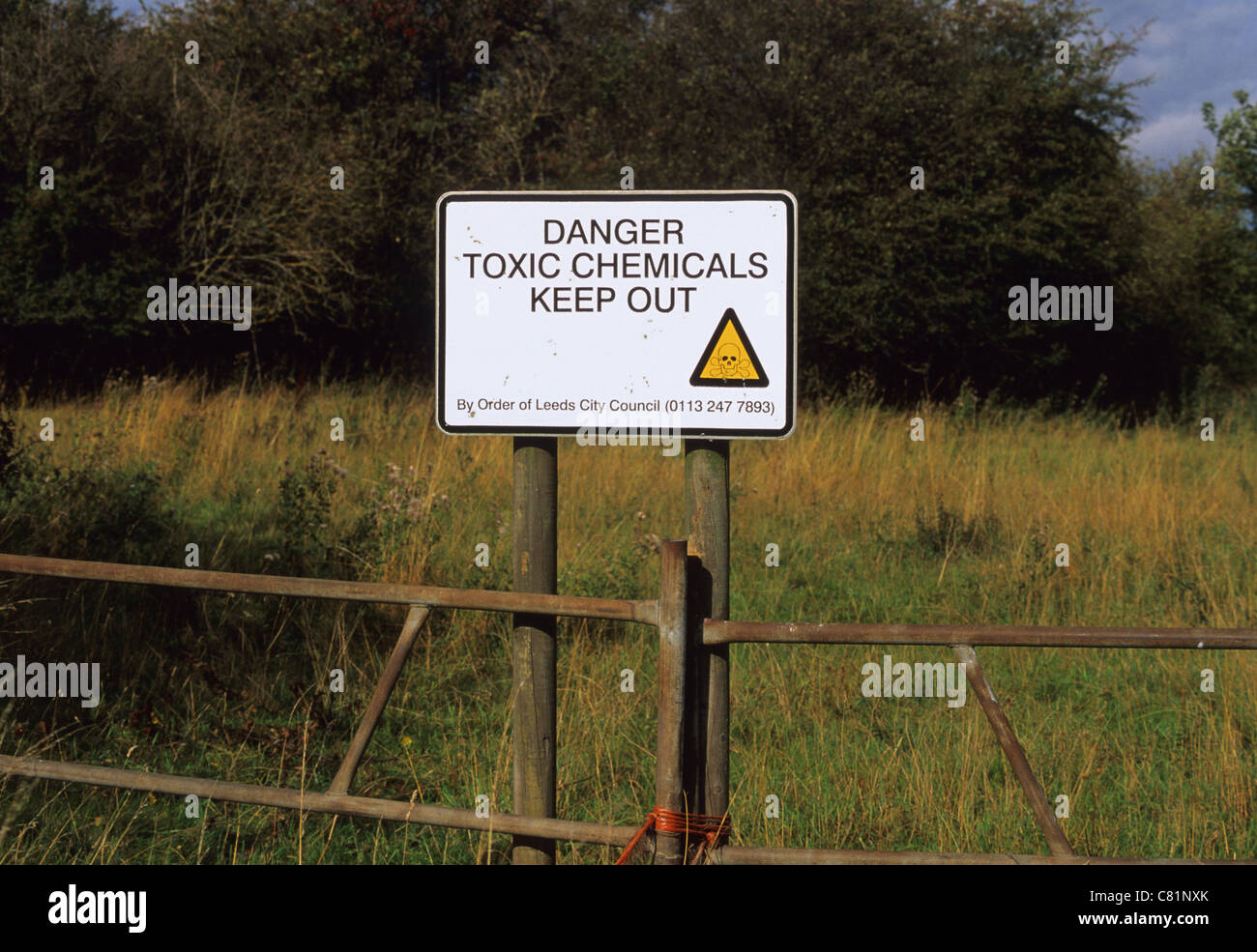 warning sign of toxic chemicals in area keep out, near Leeds Yorkshire ...