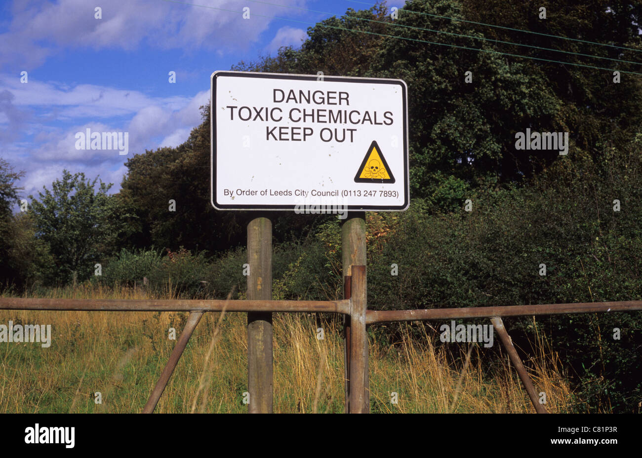 warning sign of toxic chemicals in area keep out, near Leeds Yorkshire ...