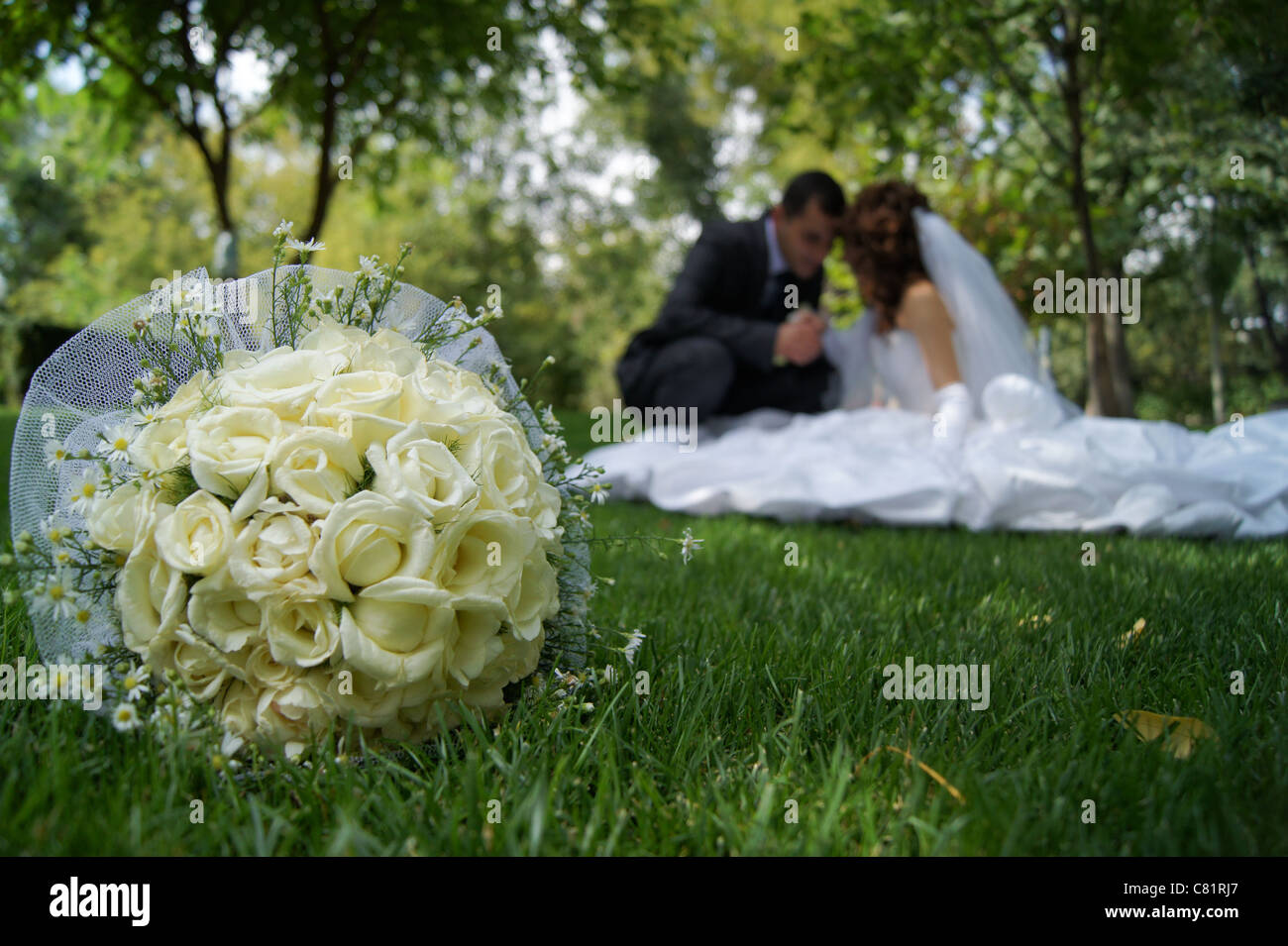 wedding bouquet with the new married spouse couple Stock Photo - Alamy