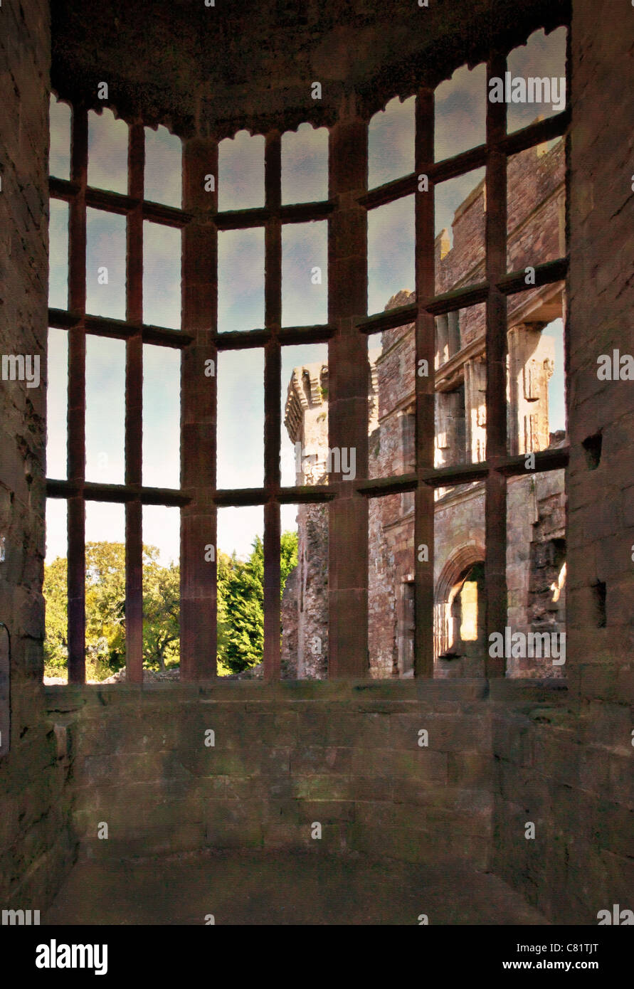 View through the great oriel window of the hall of Raglan Castle near ...
