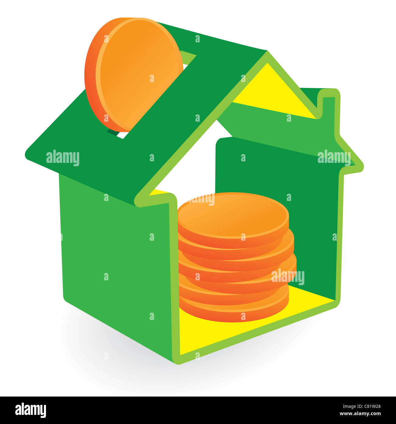 Green House moneybox and coin signs. Real estate and environmental ...