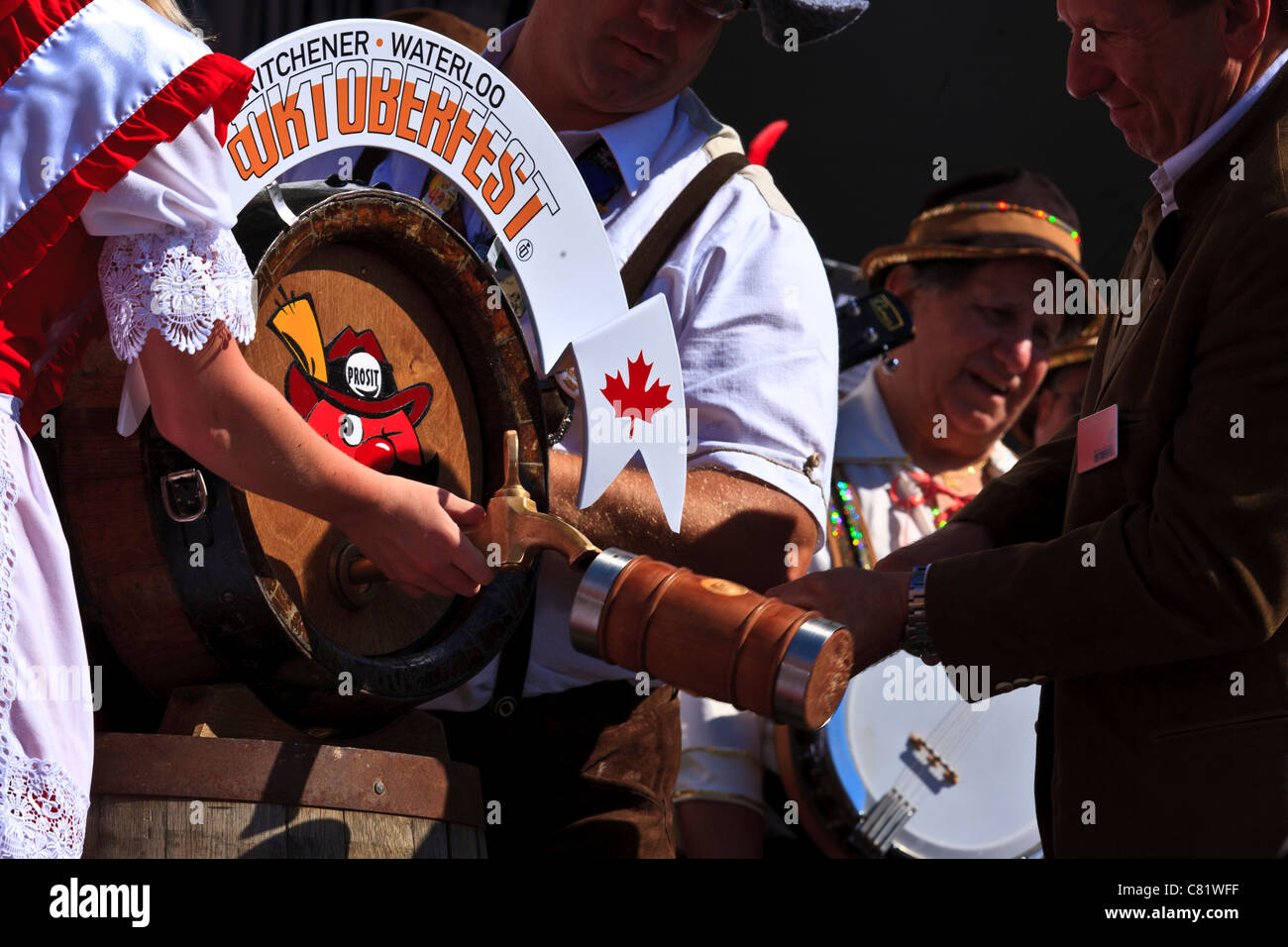 Tapping the first beer barrel Oktoberfest 2011 Kitchener Canada Stock ...