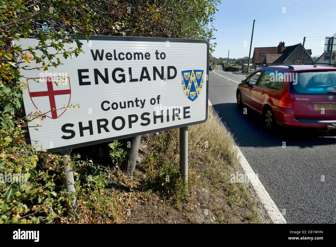 "Welcome to England" sign in the County of Shropshire on the England ...