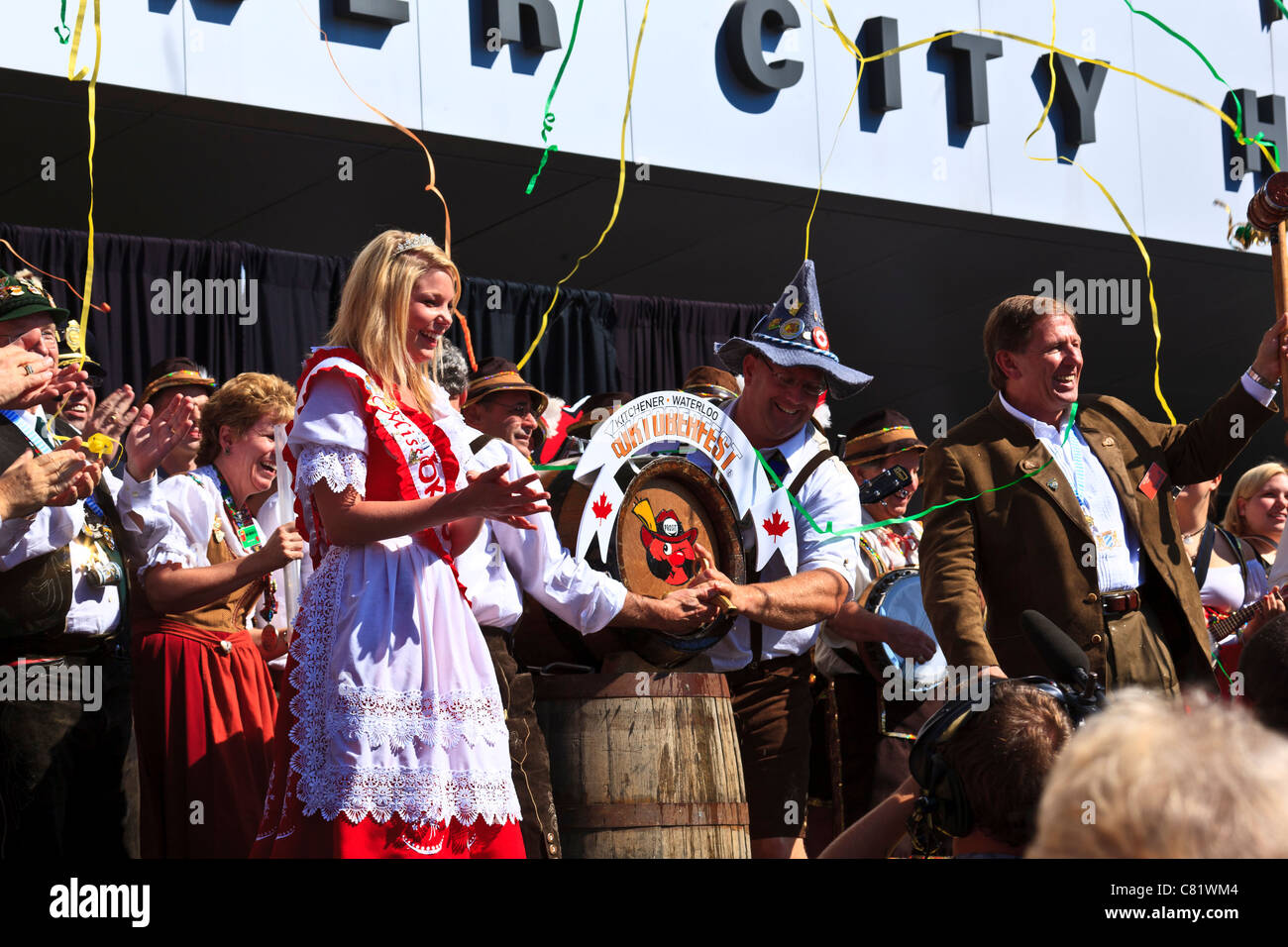 Tapping the first beer barrel Oktoberfest 2011 Kitchener Canada Stock ...