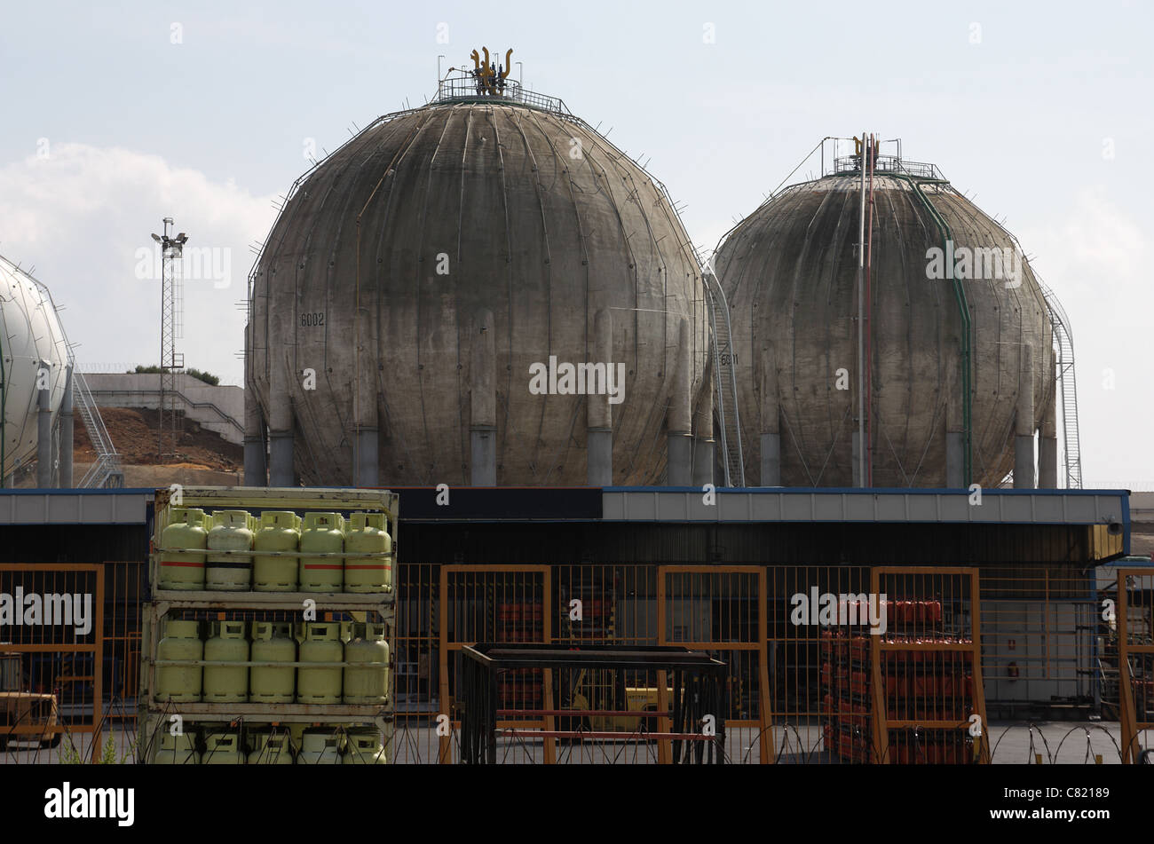 Close-ups of different parts of a factory gas processing and packaging ...