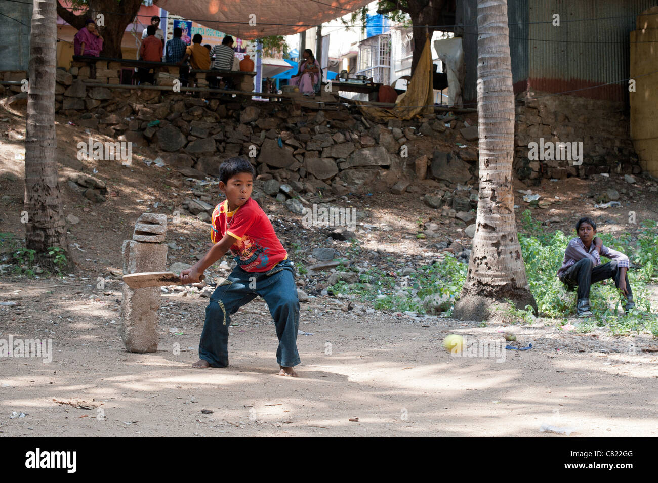 Indian boys playing cricket under palm trees in the rural Indian town ...