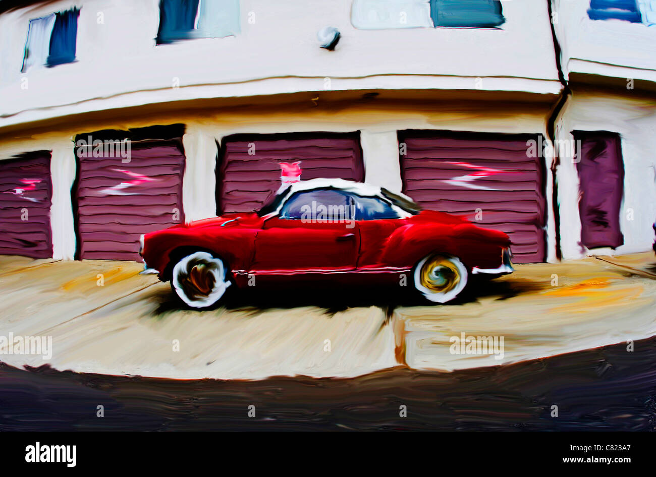 Digitally manipulated of small red car at garage Stock Photo - Alamy