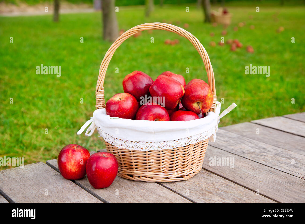 Beautiful red and green apples in a basket in summer hi-res stock ...