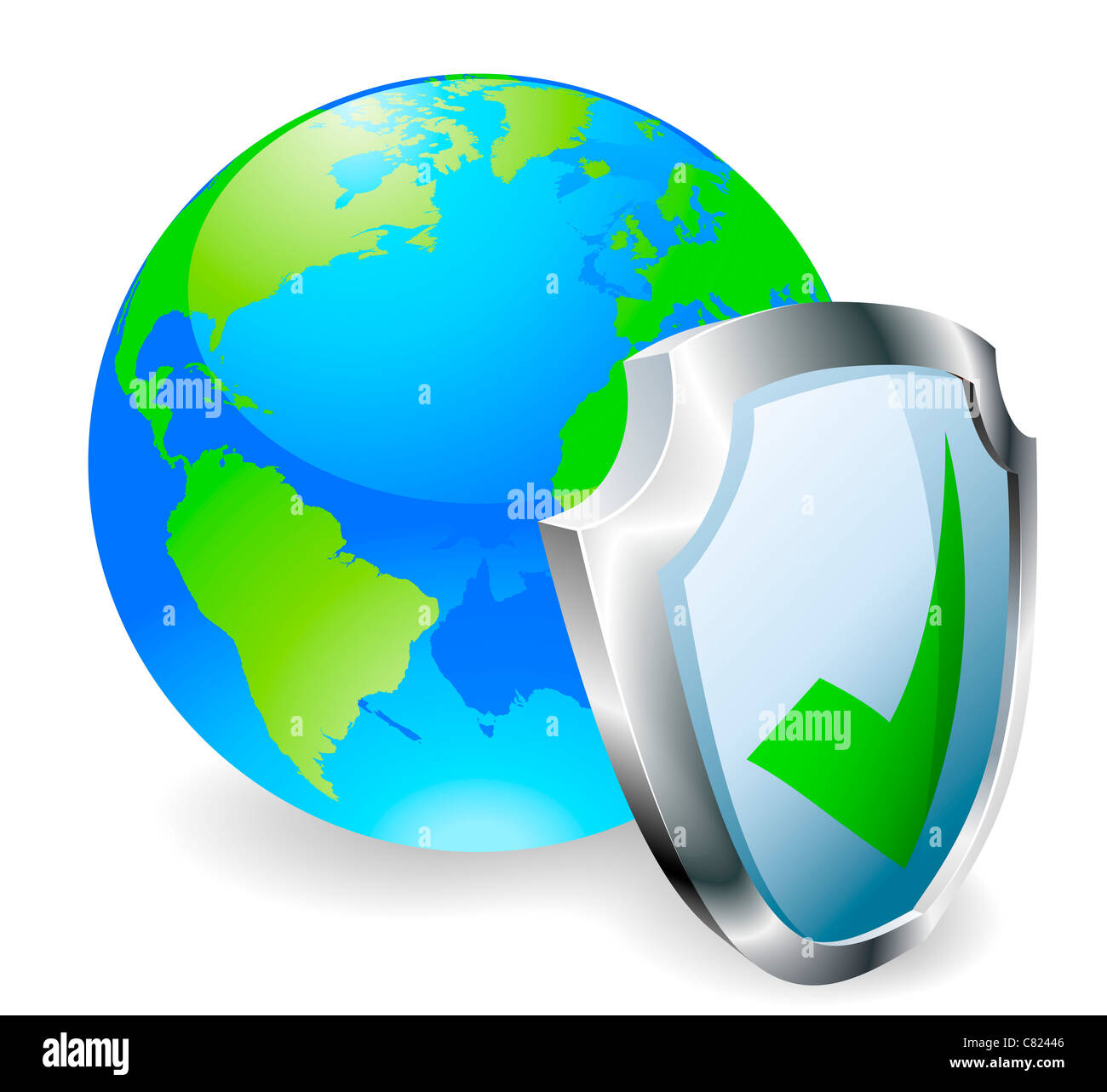 Globe with shield icon with green tick. Concept for internet security ...