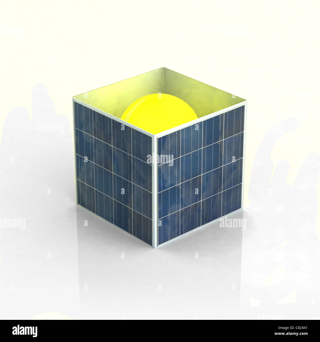 a box made of photovoltaic panels with the sun inside Stock Photo - Alamy