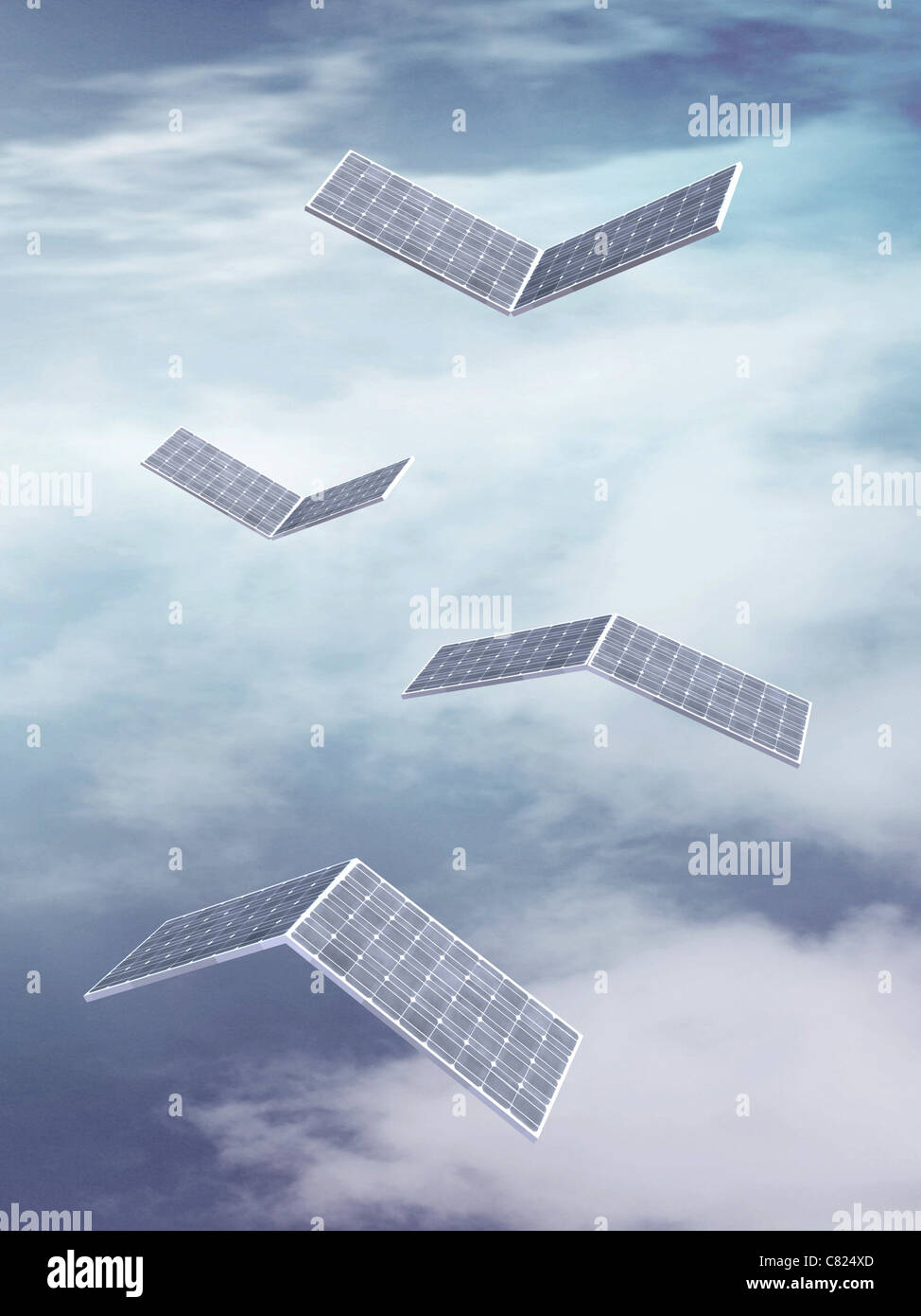 solar panels fly on sky background 3d illustration Stock Photo - Alamy