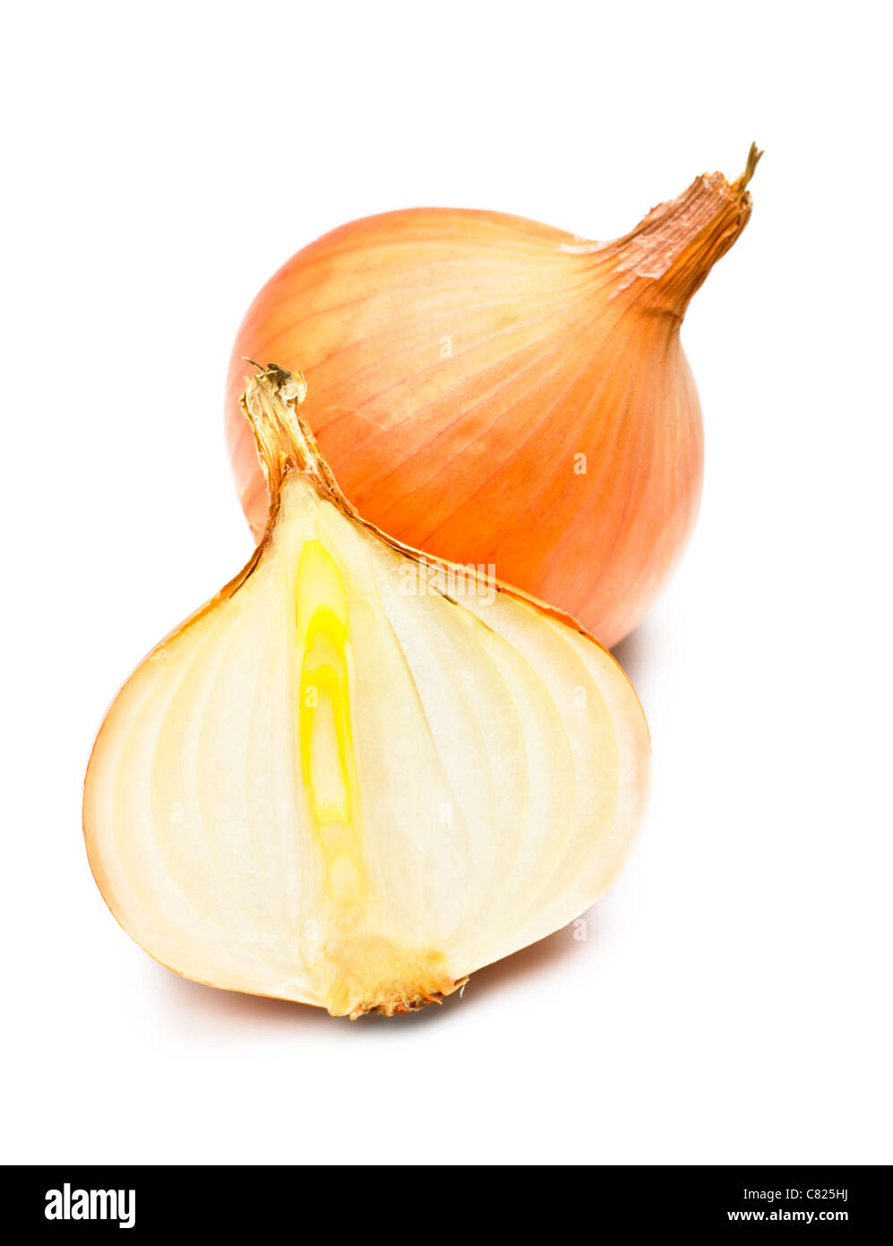 two yellow onions isolated on white background Stock Photo - Alamy
