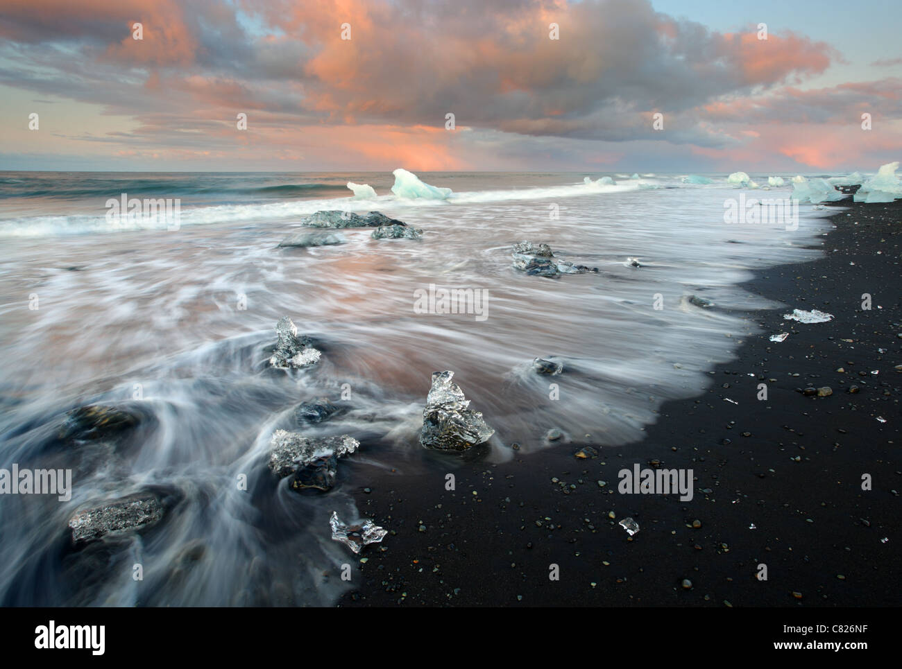 Big chunks of Glacier Ice on Black Sand Beach, Jökulsárlón, Iceland ...