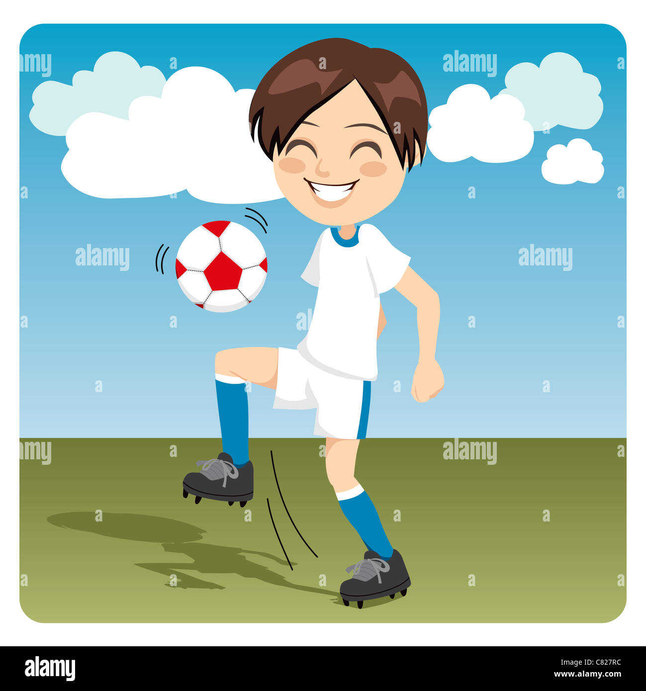 Kid practicing soccer knee kicks on the field Stock Photo - Alamy