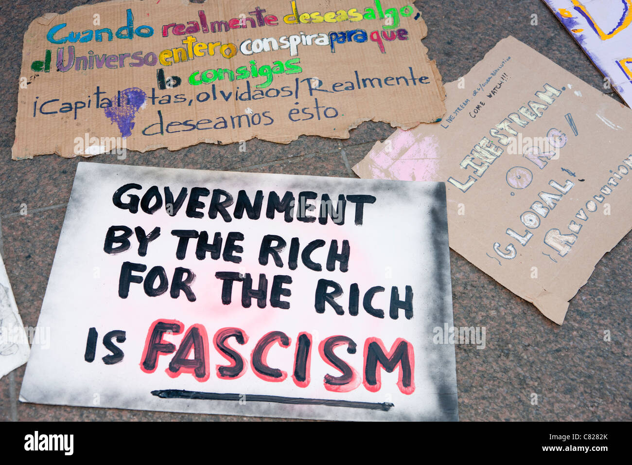 Protest signs on the ground in Zuccotti Park during the Occupy Wall ...