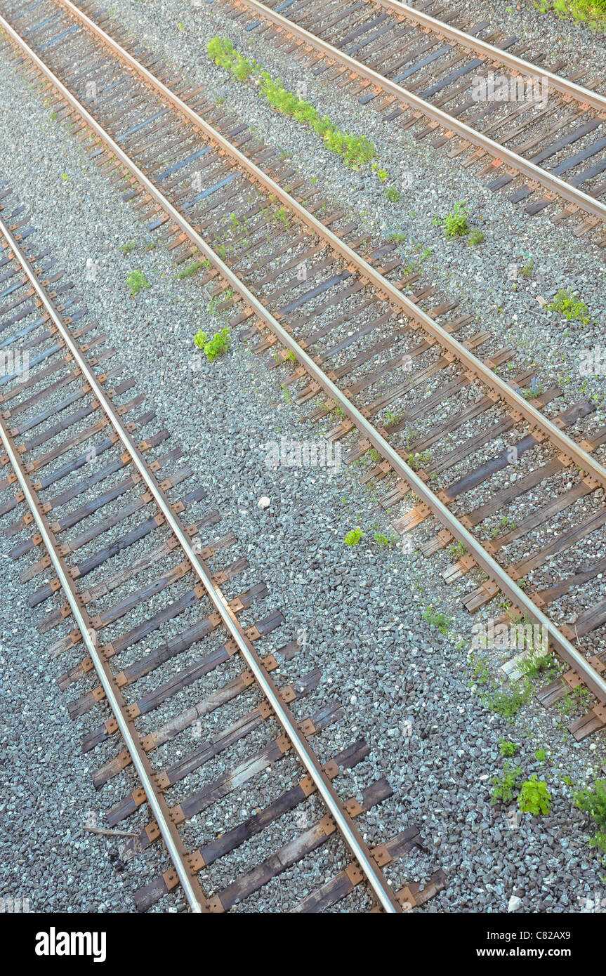 Tilted-camera detail shot of triple track CN line through Scarborough ...