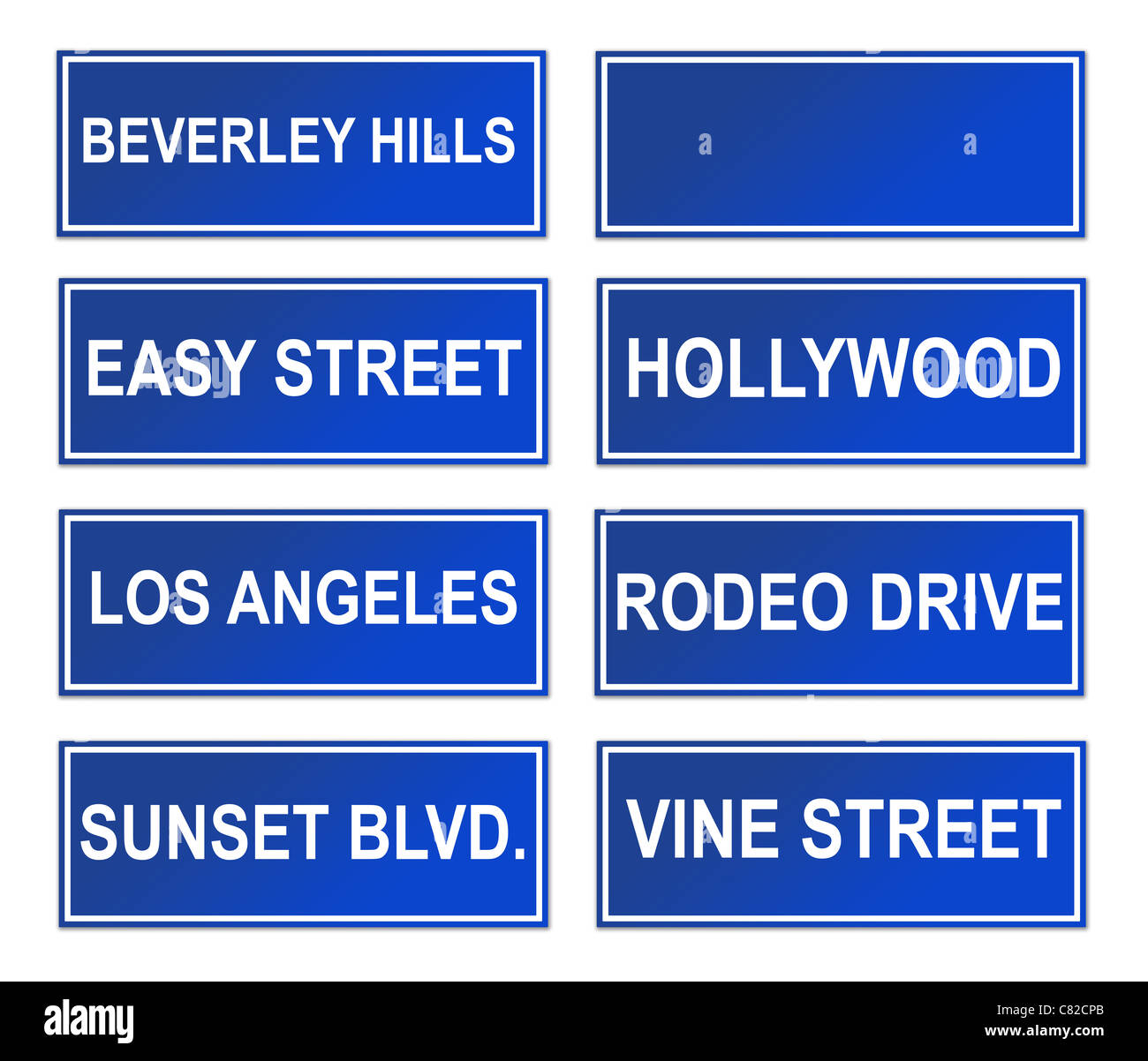 Set of famous Los Angeles street or road signs; isolated in white ...