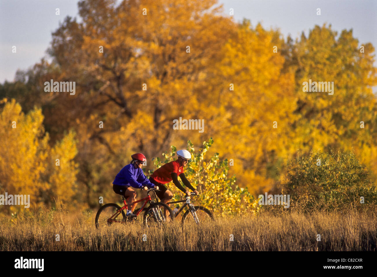 Couple mountain biking in Fall Stock Photo - Alamy