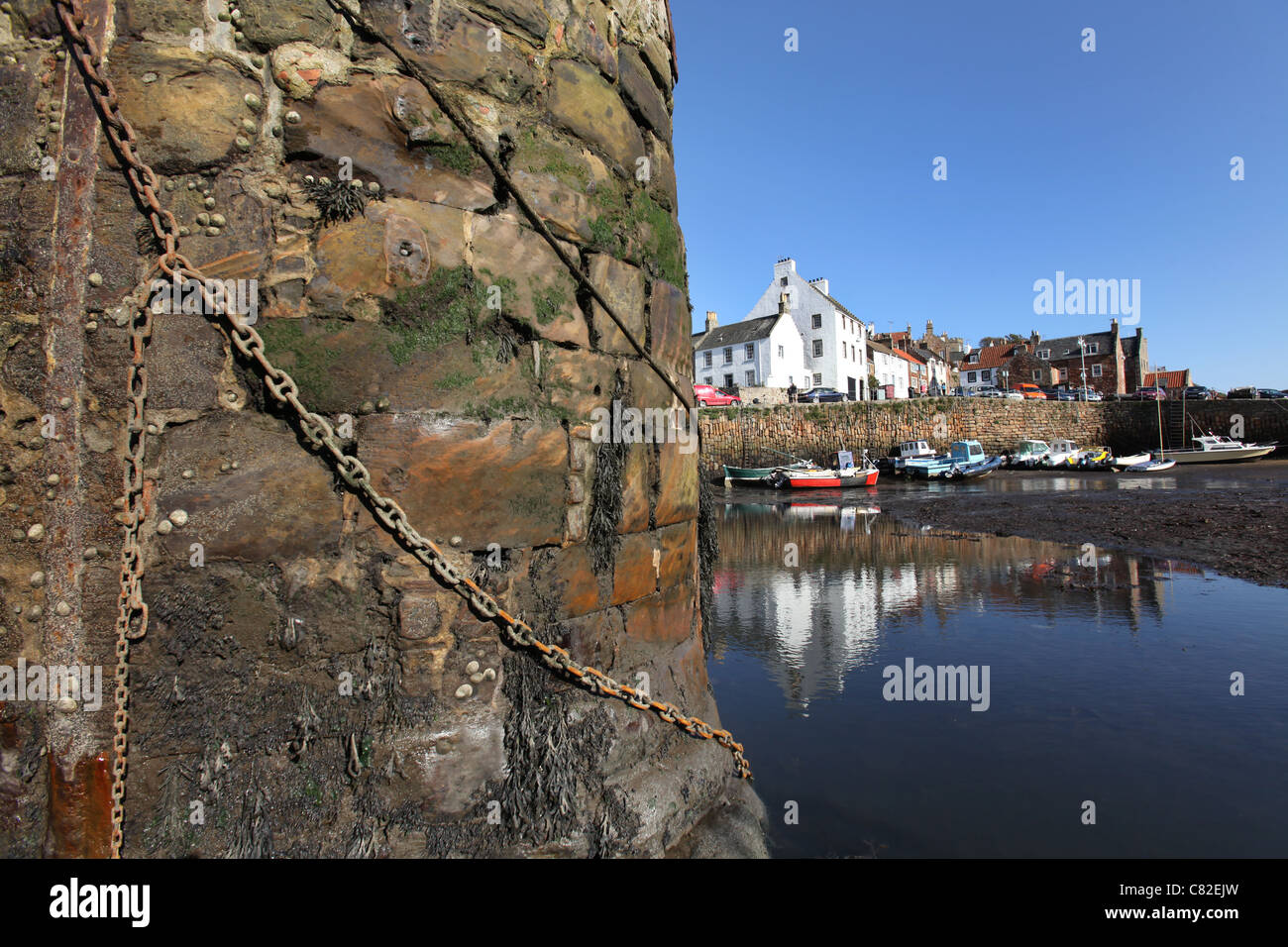 Town of Crail, Scotland. Picturesque view of the fishing harbour at low ...