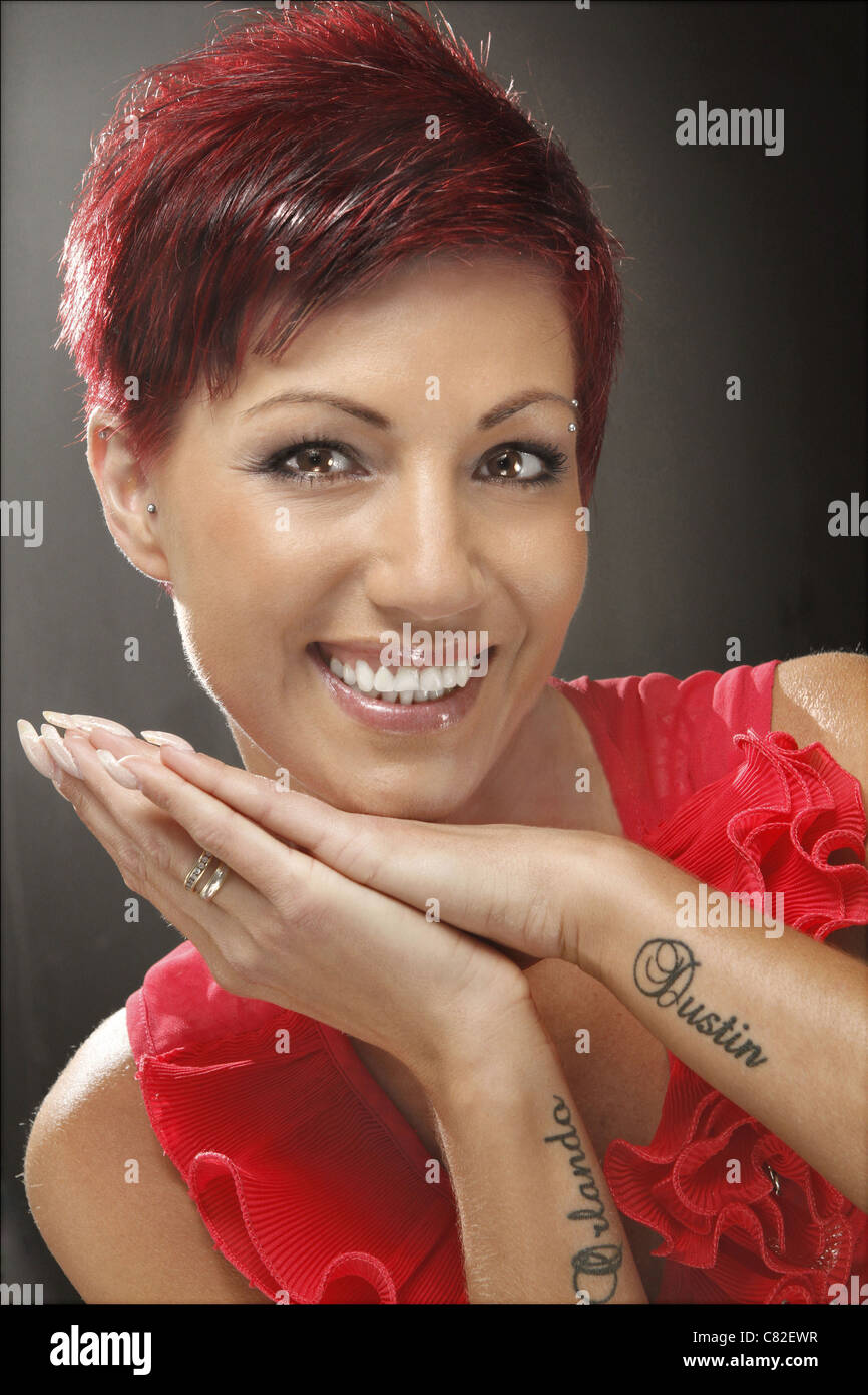 Happy short-haired lady Stock Photo - Alamy