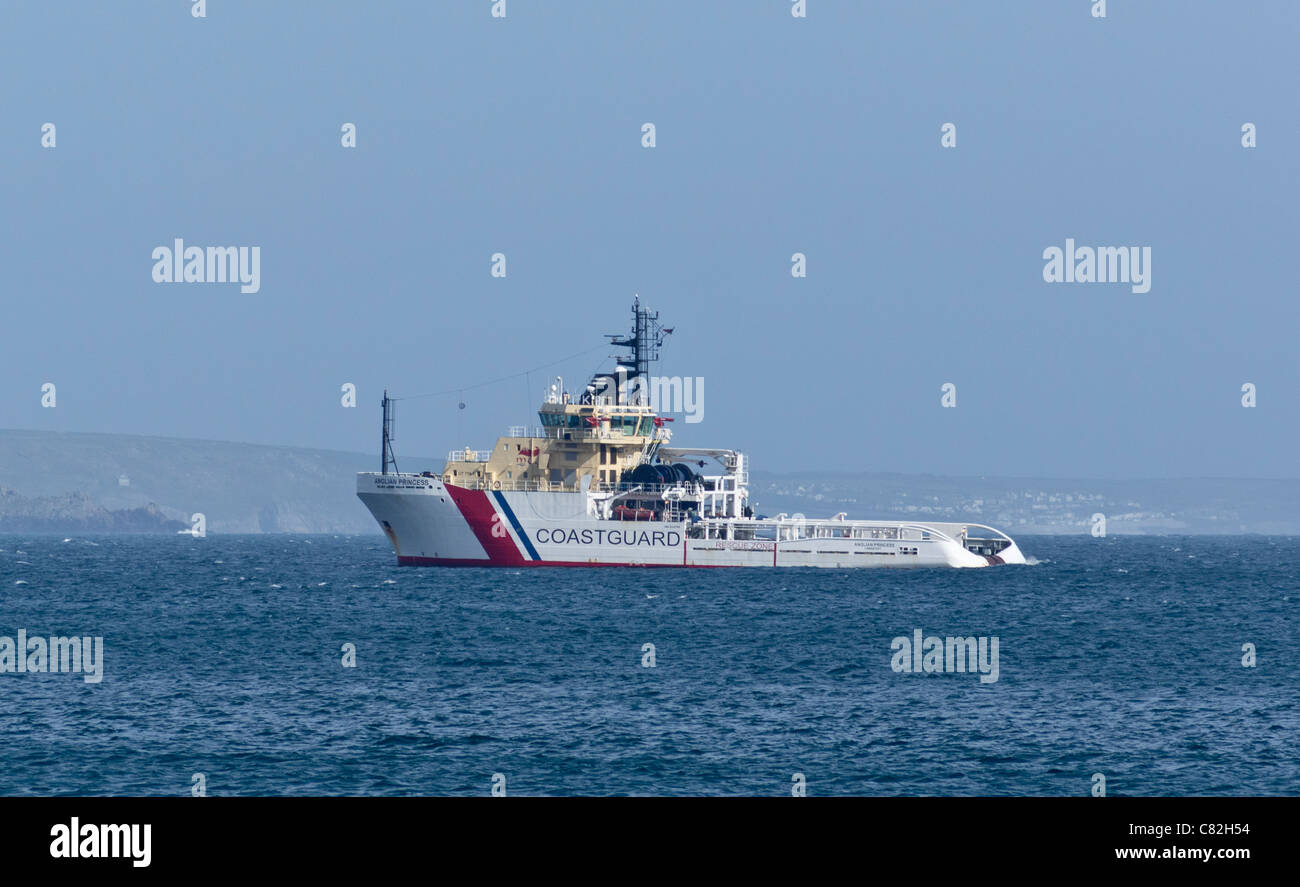 Coastguard tug Anglian Princess, at anchor in Mounts Bay, Cornwall ...