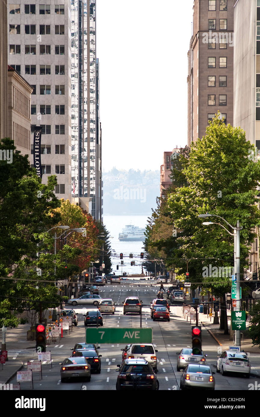 Retro image of Downtown Seattle looking toward Elliott Bay with ferry ...