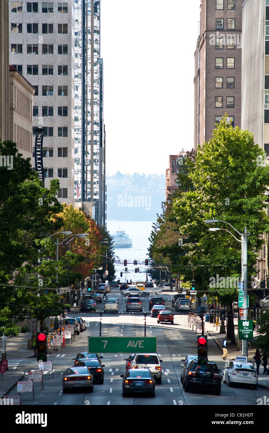 Retro image of Downtown Seattle looking toward Elliott Bay with ferry ...