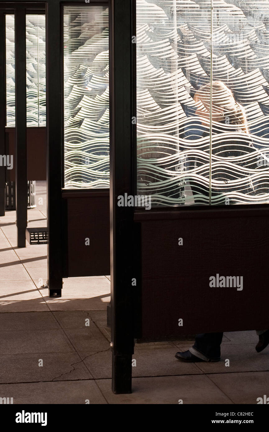 Design patterns waves on a bus stop shelter windows downtown Seattle ...