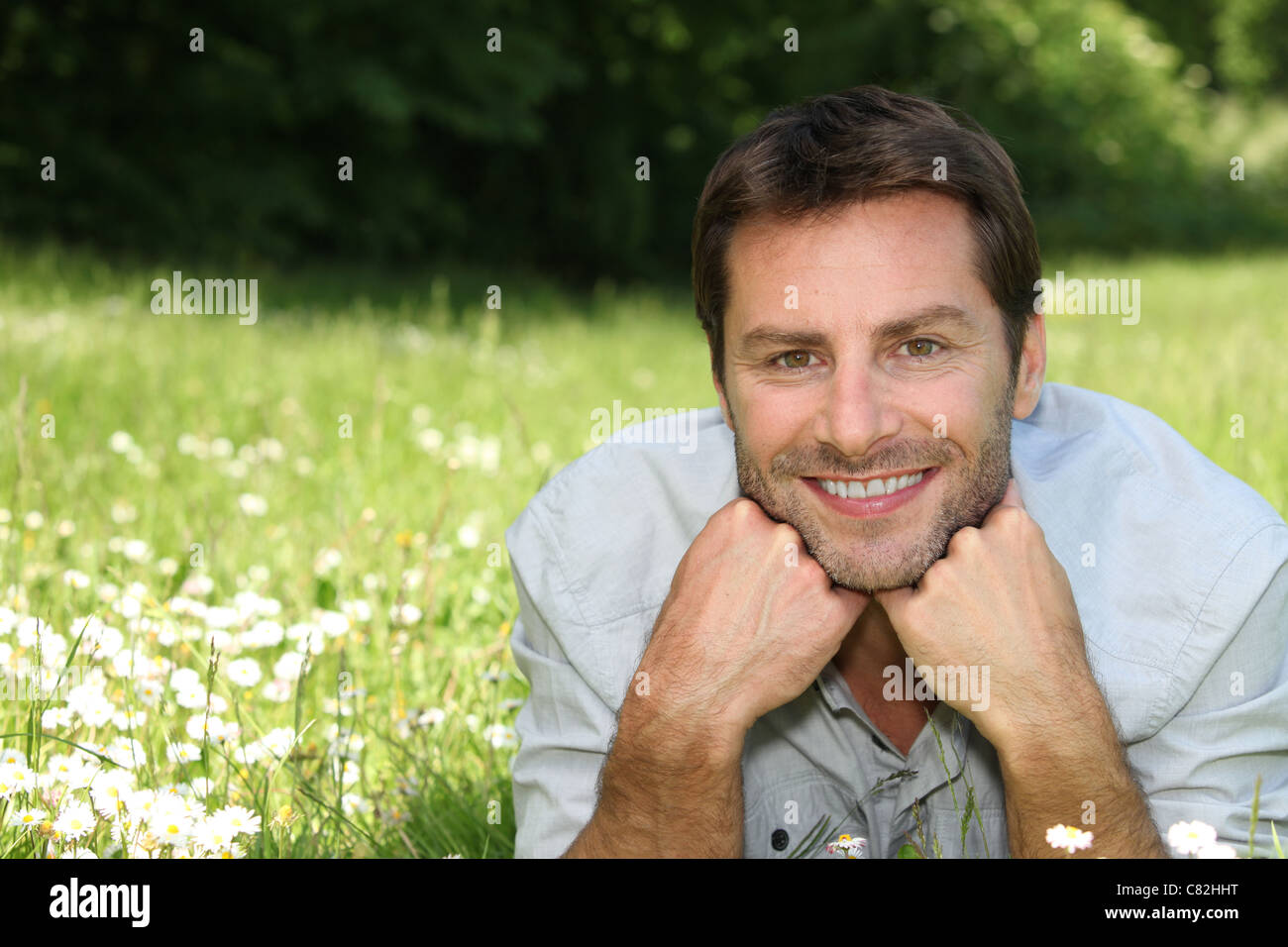 Smiling man lying on his stomach in a field of daisies Stock Photo - Alamy