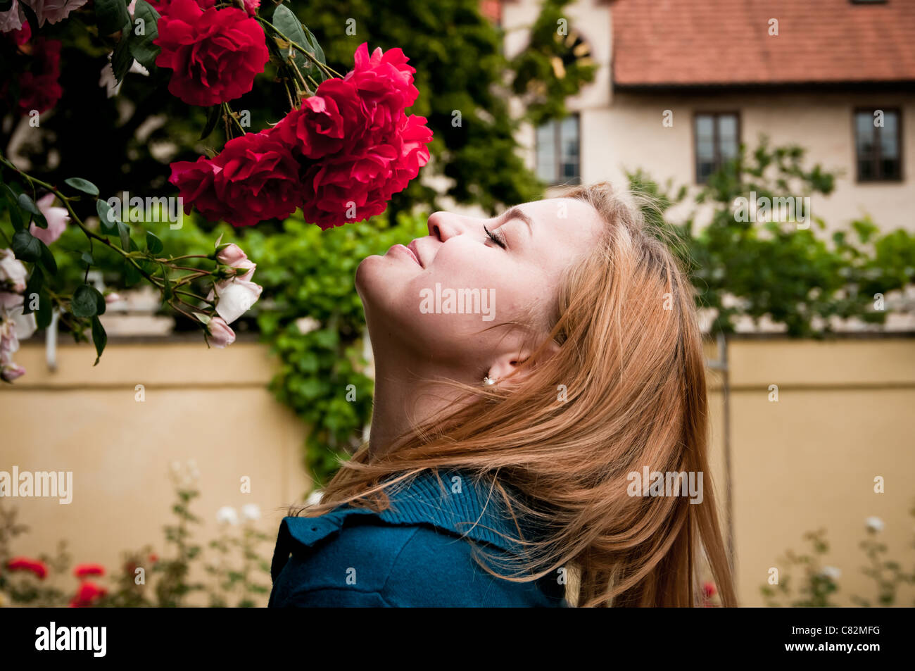 Pretty young woman smelling a rose Stock Photo - Alamy