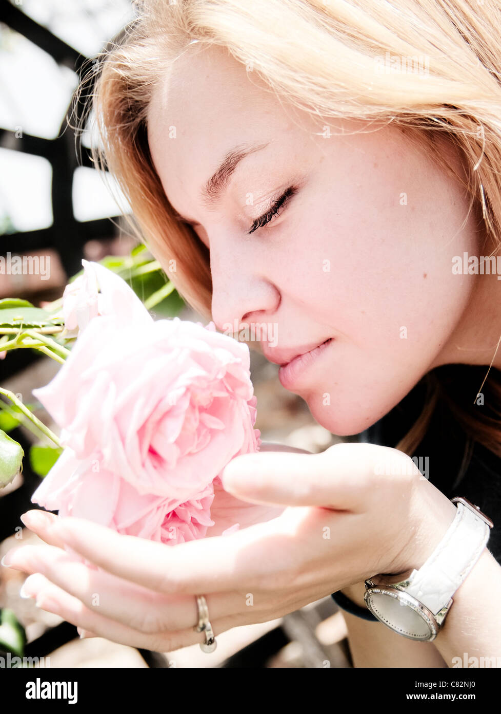 Pretty young woman smelling a rose Stock Photo - Alamy
