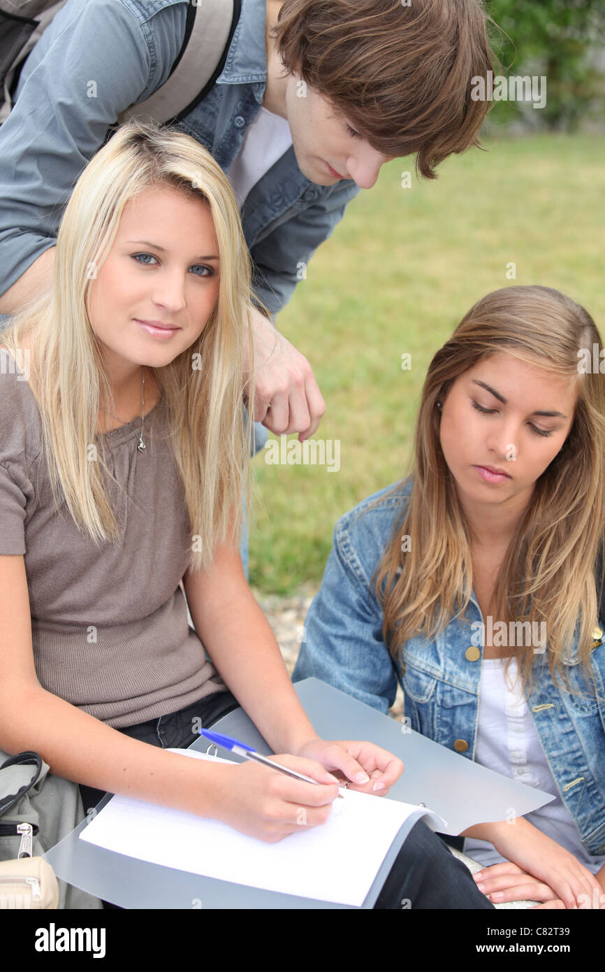 Three students studying in the park Stock Photo - Alamy