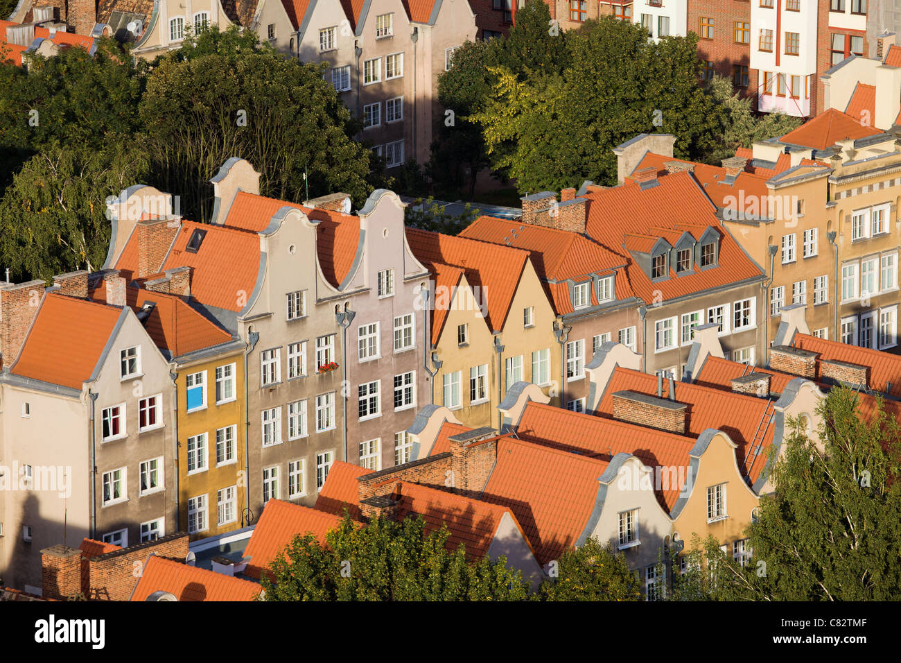 Apartment buildings red tiled roofs in Old Town of Gdansk city in ...