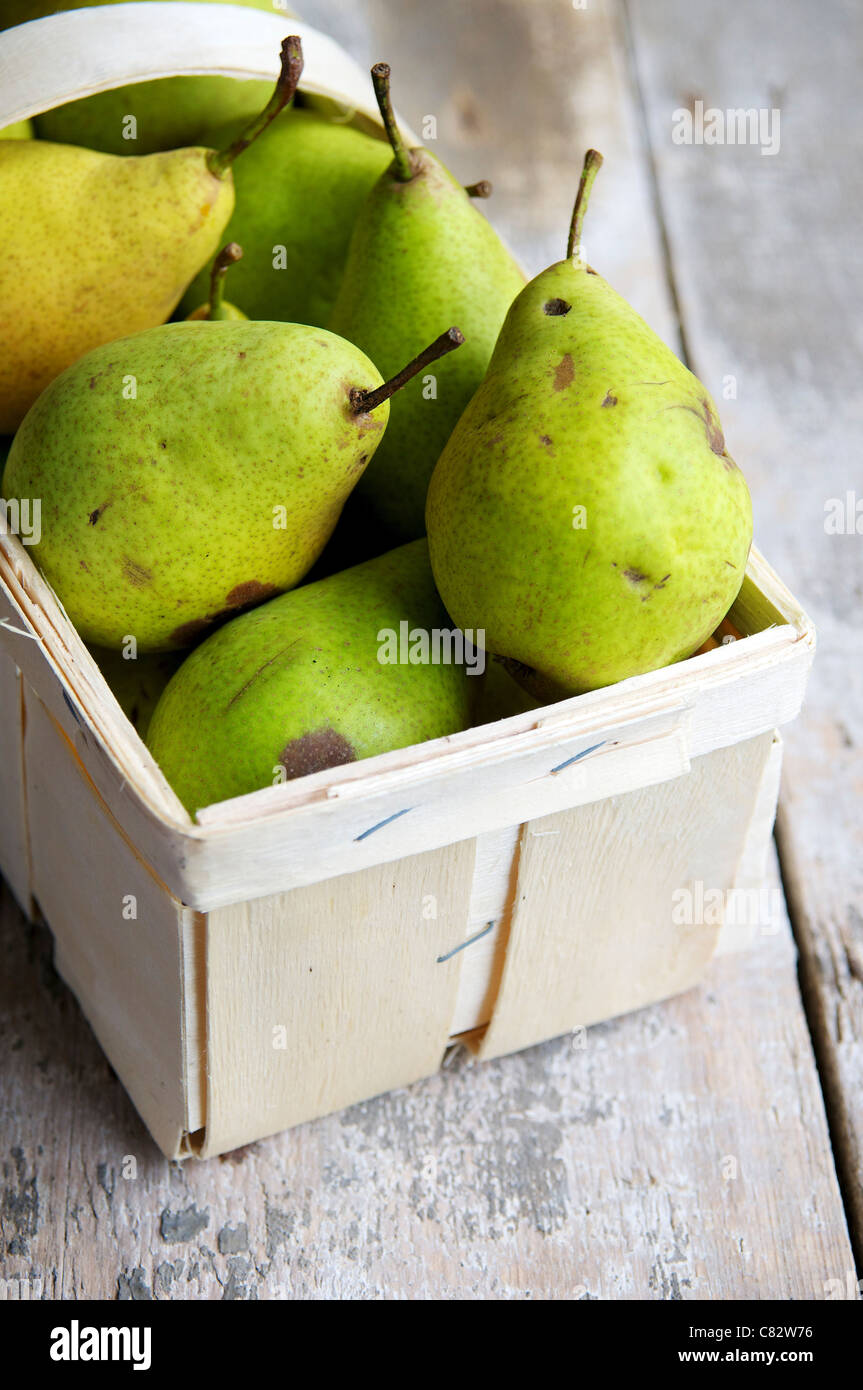 Basket full of fresh pears, just harvested in the orchard of a farm ...