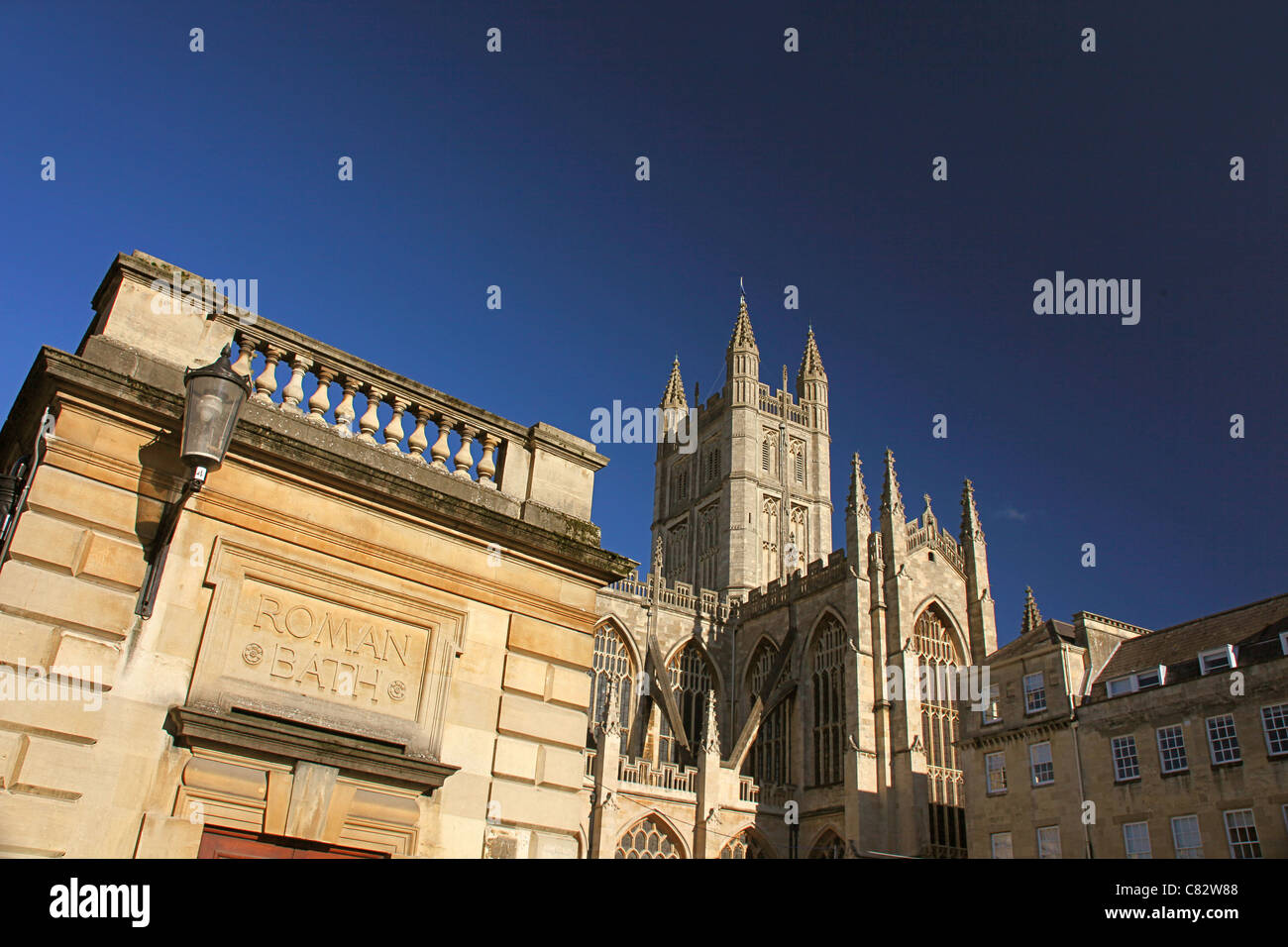 The outside of the Roman Baths and Bath Abbey, Bath, N.E. Somerset ...