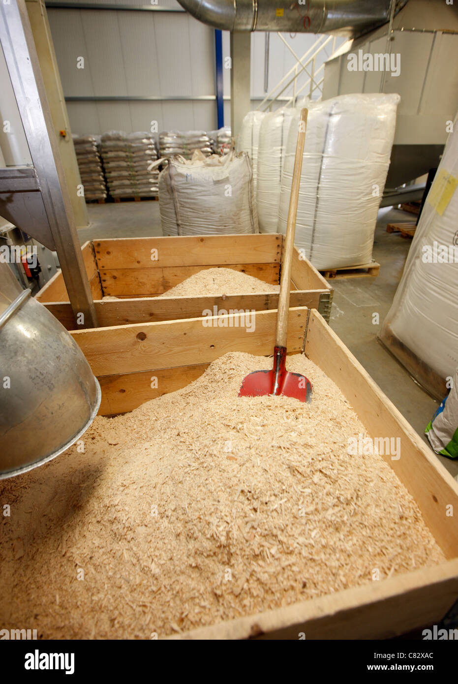 Production of wood pellets. A type of wood fuel. Sawdust is ...