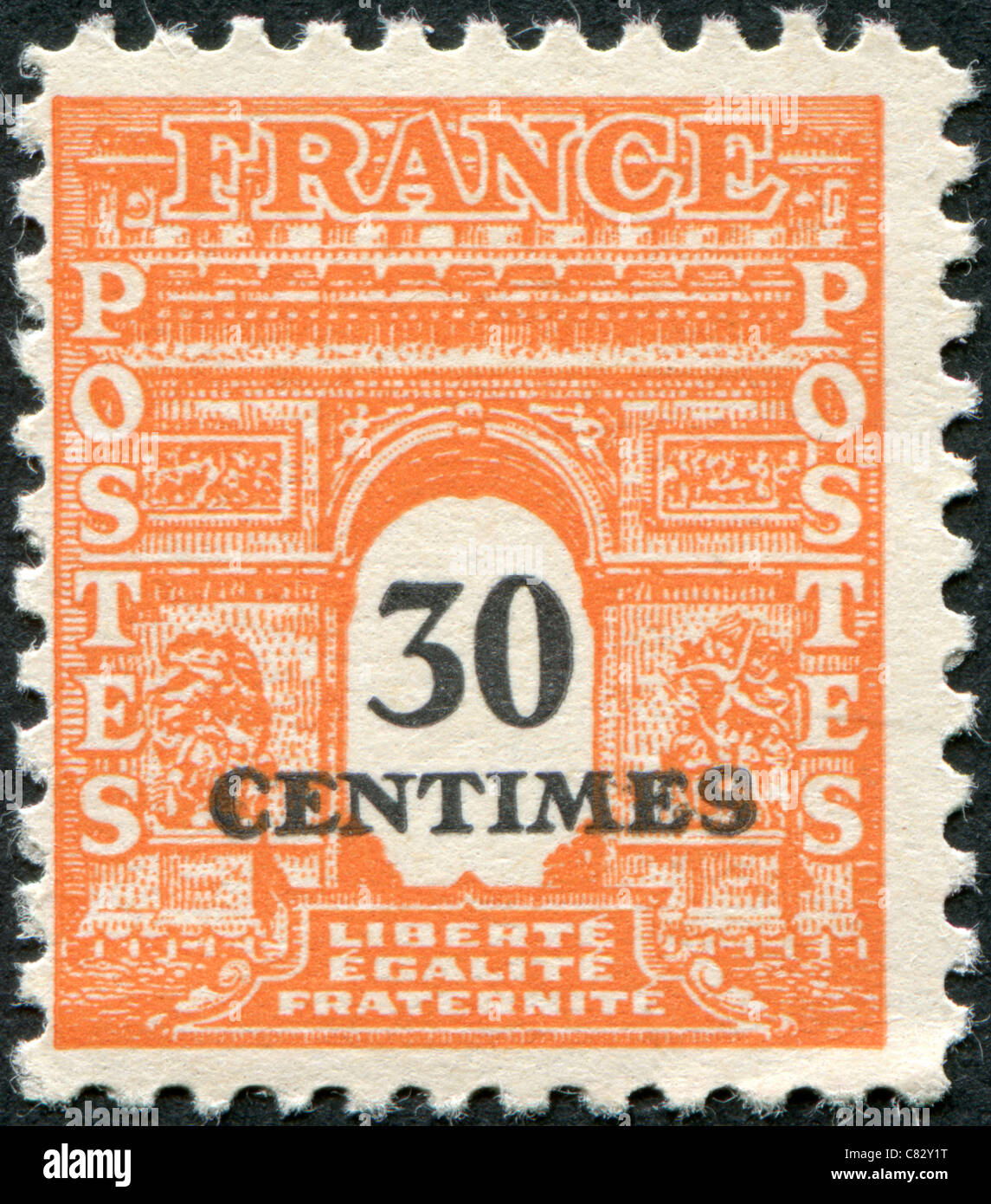 FRANCE - 1945: A stamp printed in France, depicts the Arc de Triomphe ...
