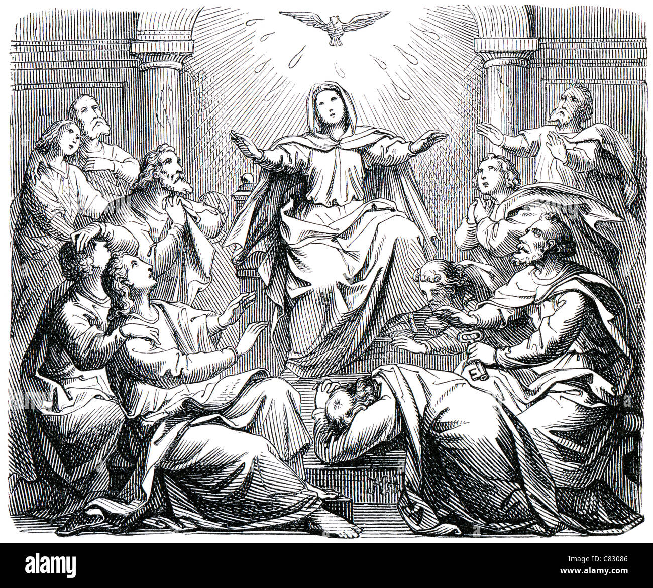 Old engraving. Pentecost. The book "History of the Christian Religion ...