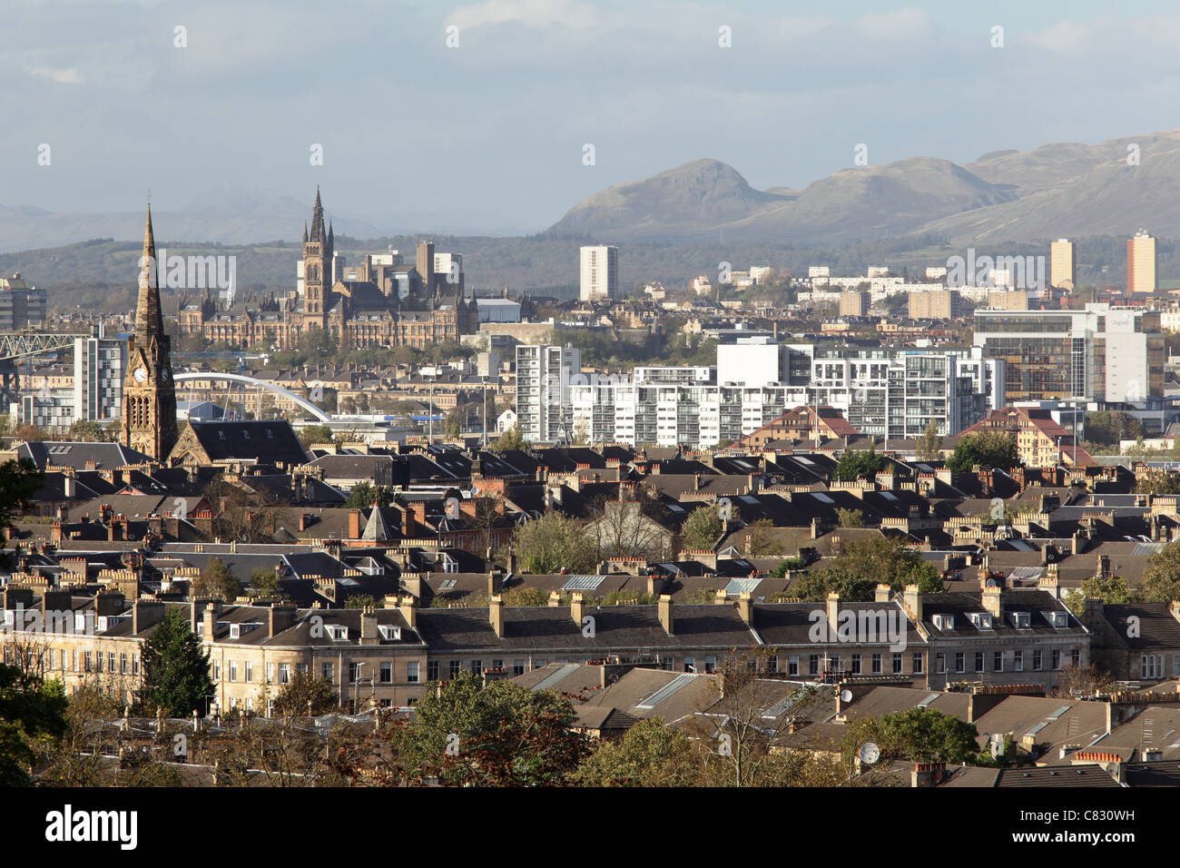 Glasgow cityscape, view looking North West over the city from Queen's ...