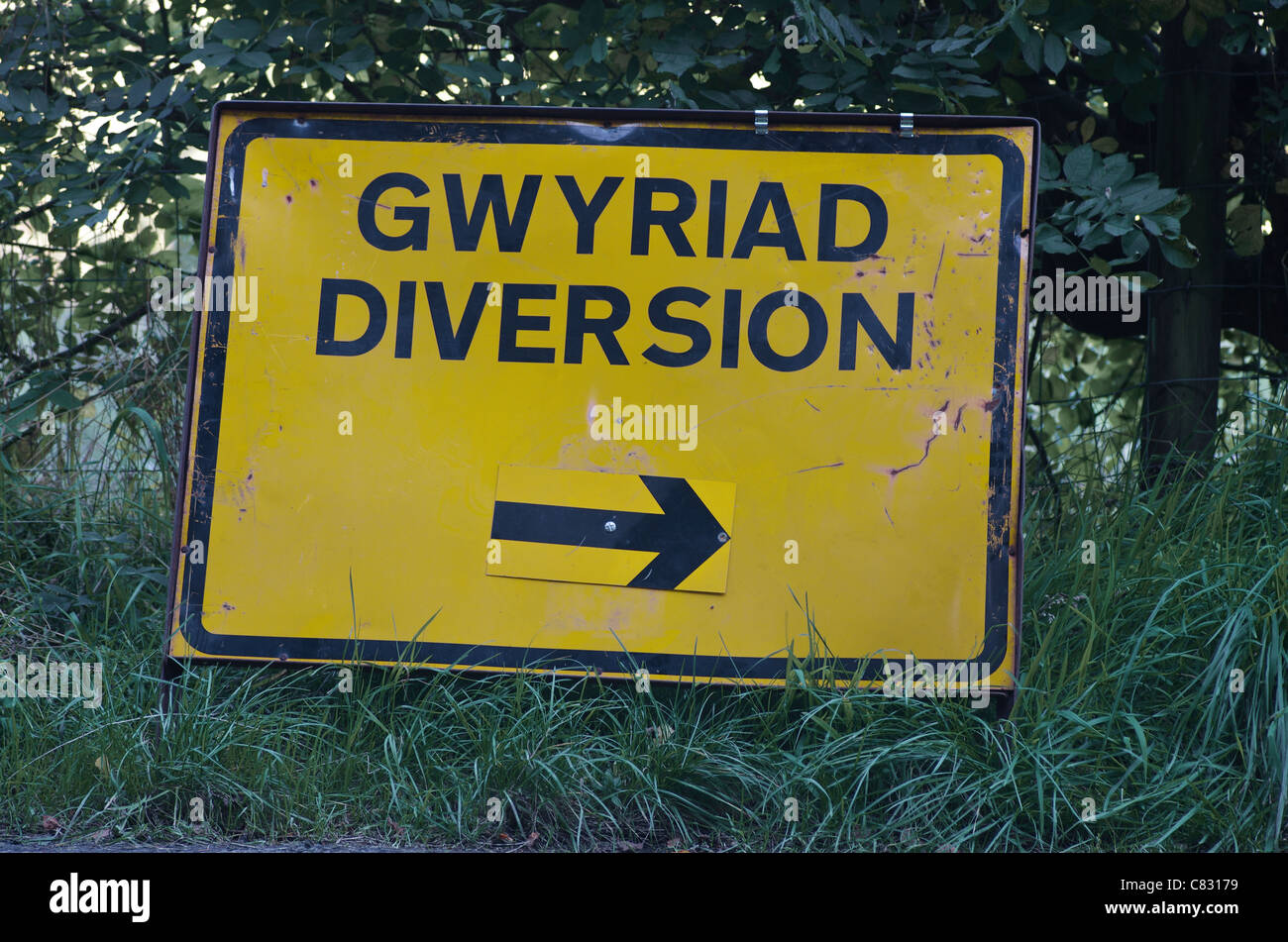 Diversion sign on country lane, Parc Mawr, Conwy, The sign is in Welsh ...